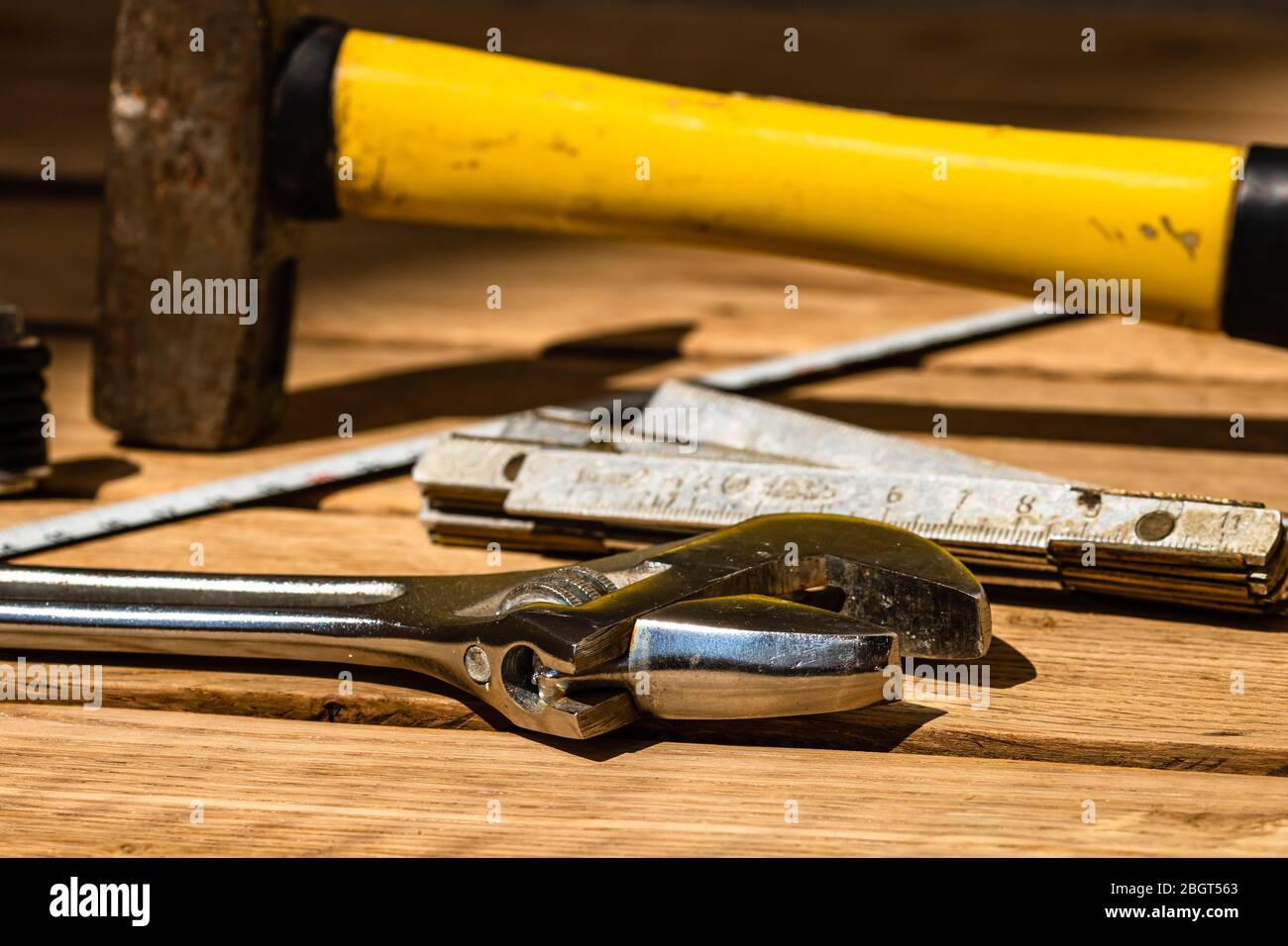 Tools for repair and building. Hummer, adjustable spanner, ruler ...