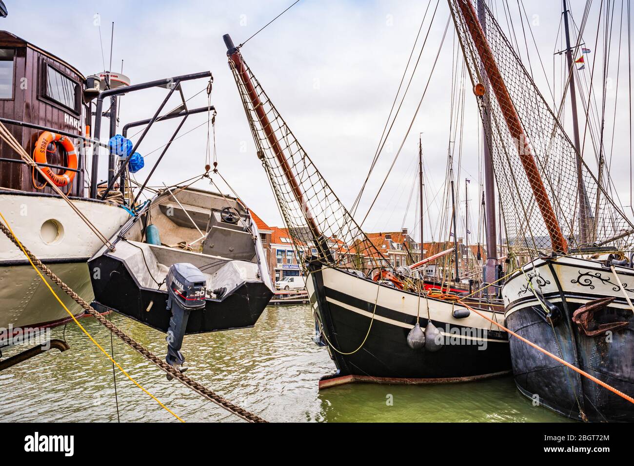 Harlingen, Nethrelands - January 10, 2020. Boats in water canal in ...