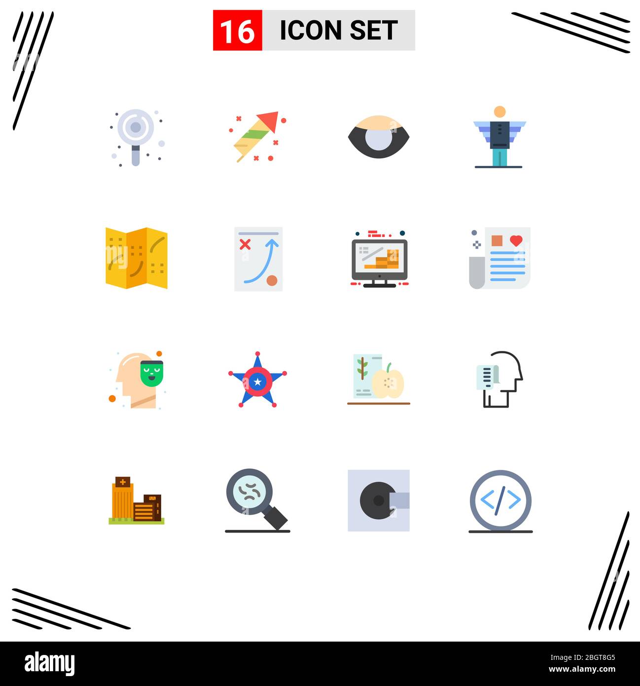Mobile Interface Flat Color Set of 16 Pictograms of map, freedom, eye ...