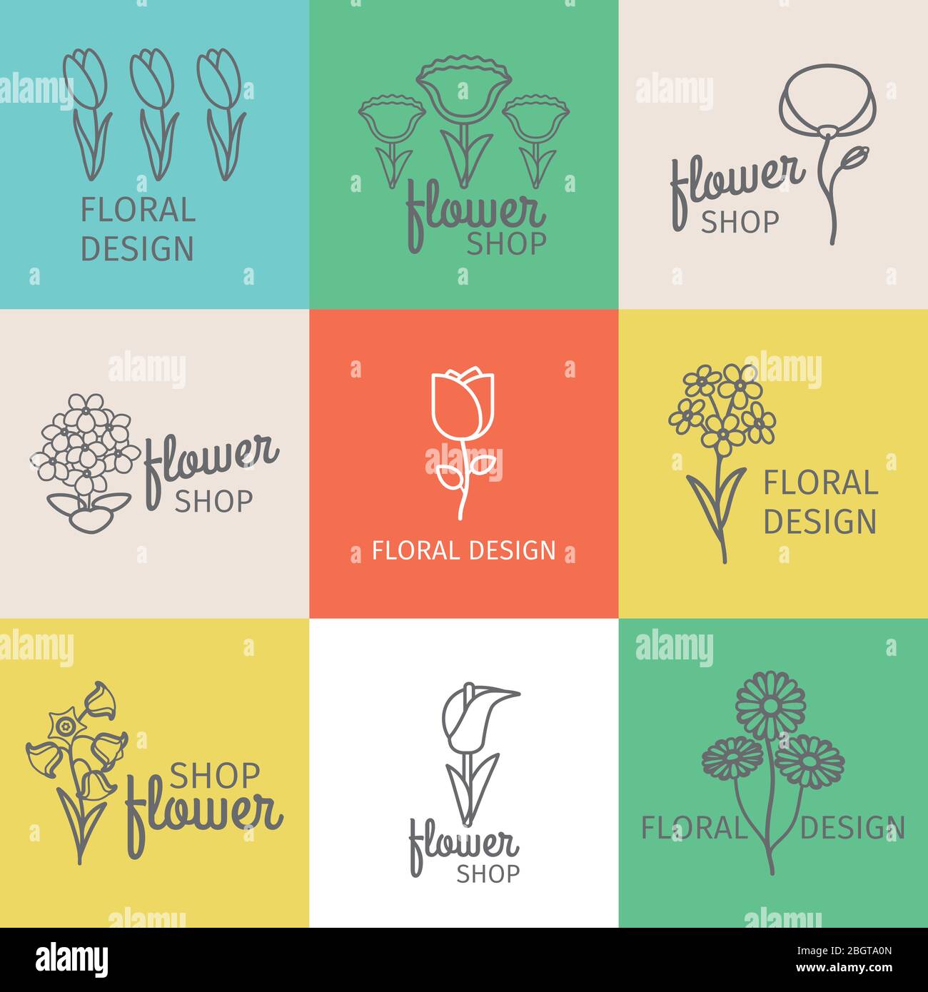 Floral design line logo and flower shop linear colored labels. Vector ...