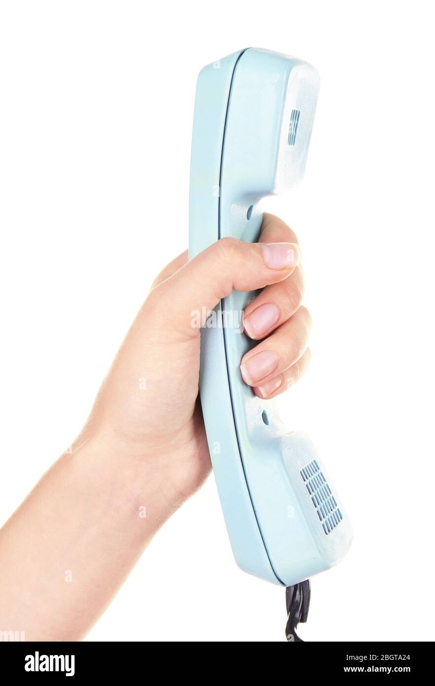 Retro telephone handset in hand, isolated on white Stock Photo - Alamy