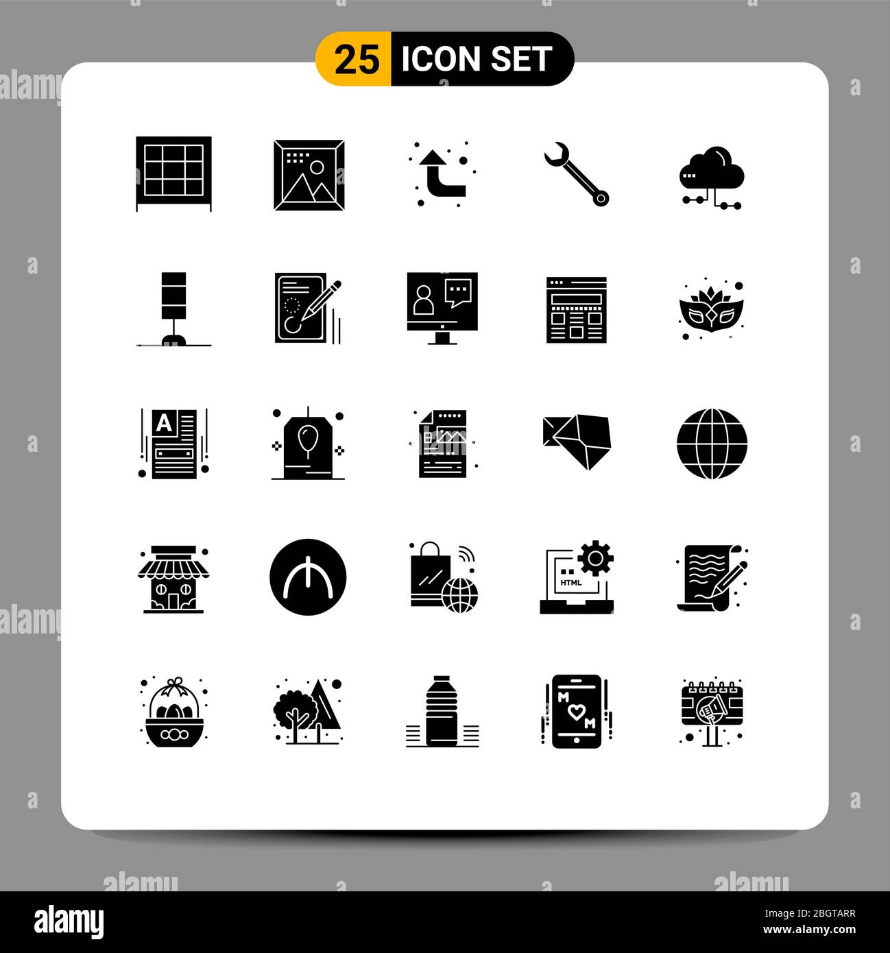 Pictogram Set of 25 Simple Solid Glyphs of share, repair, arrows ...