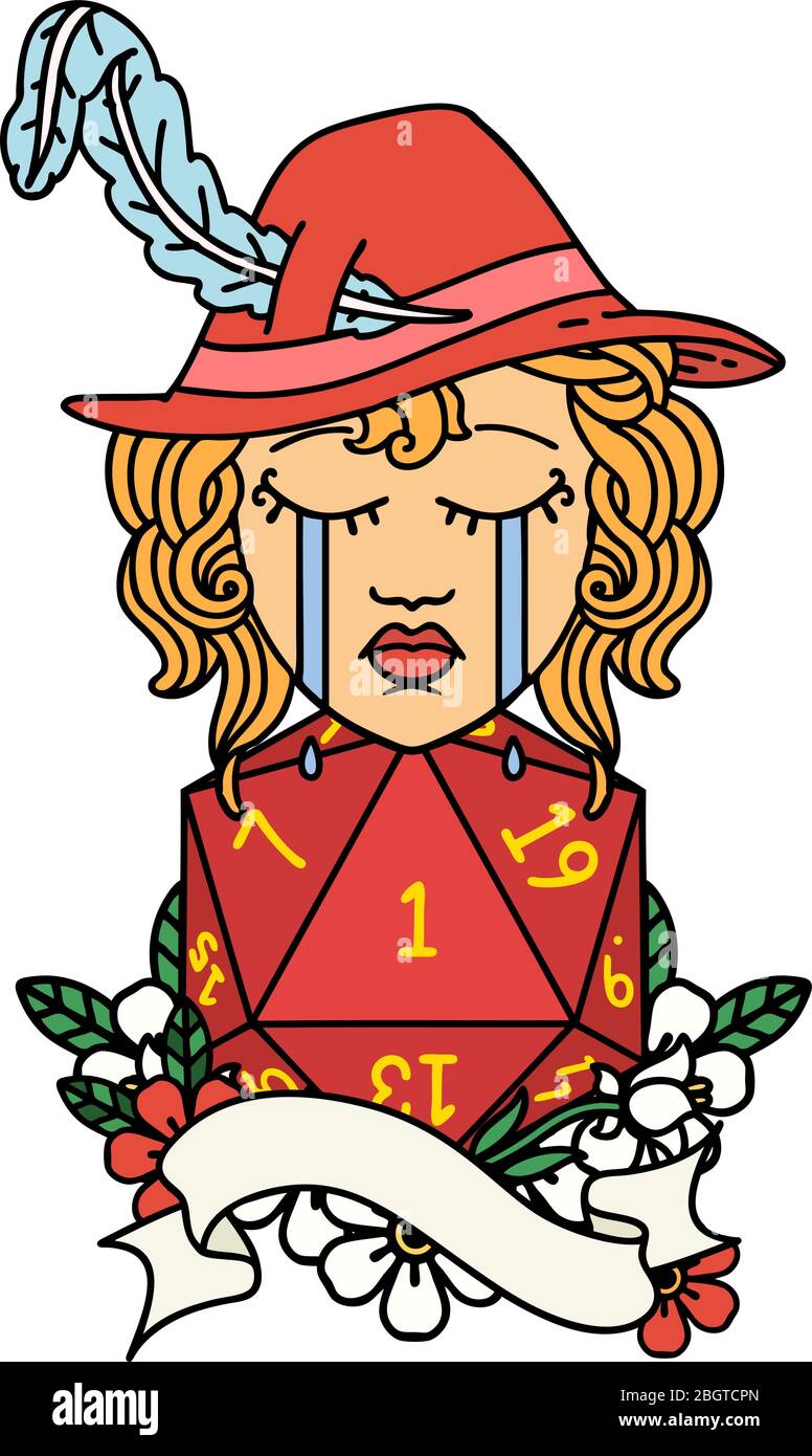 Retro Tattoo Style crying human bard with natural 1 D20 roll Stock ...