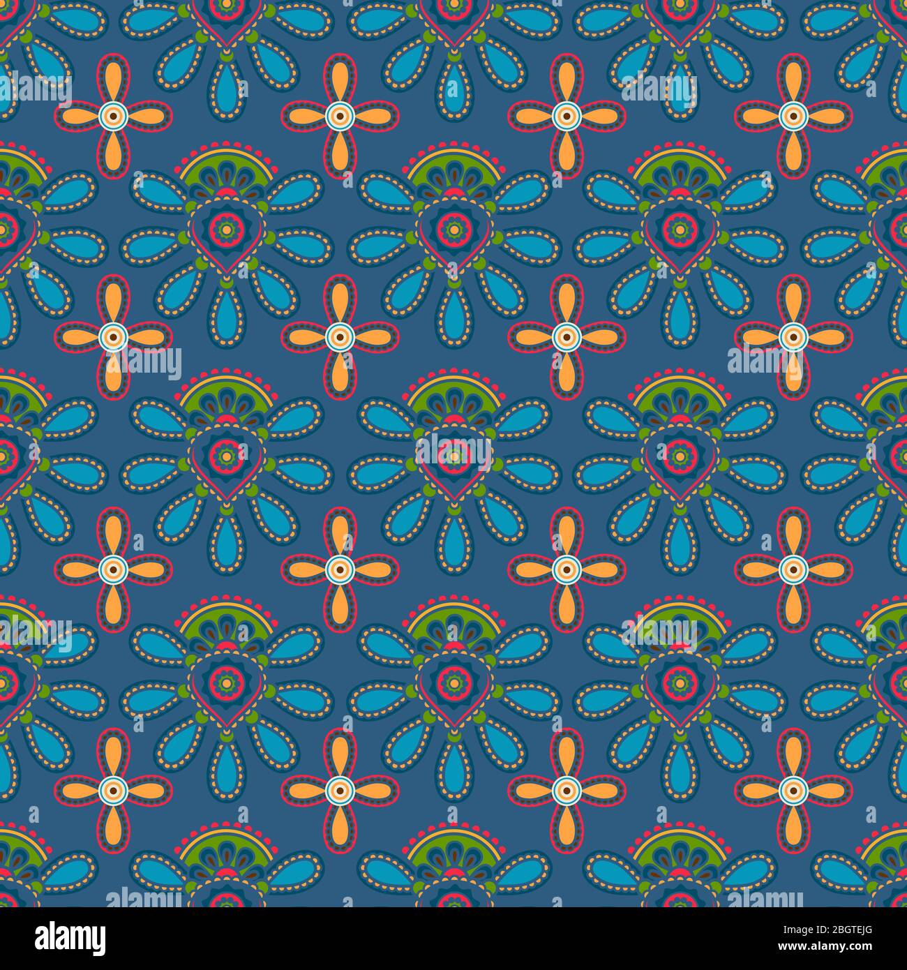 Blue folk traditional background simple floral seamless pattern Stock ...
