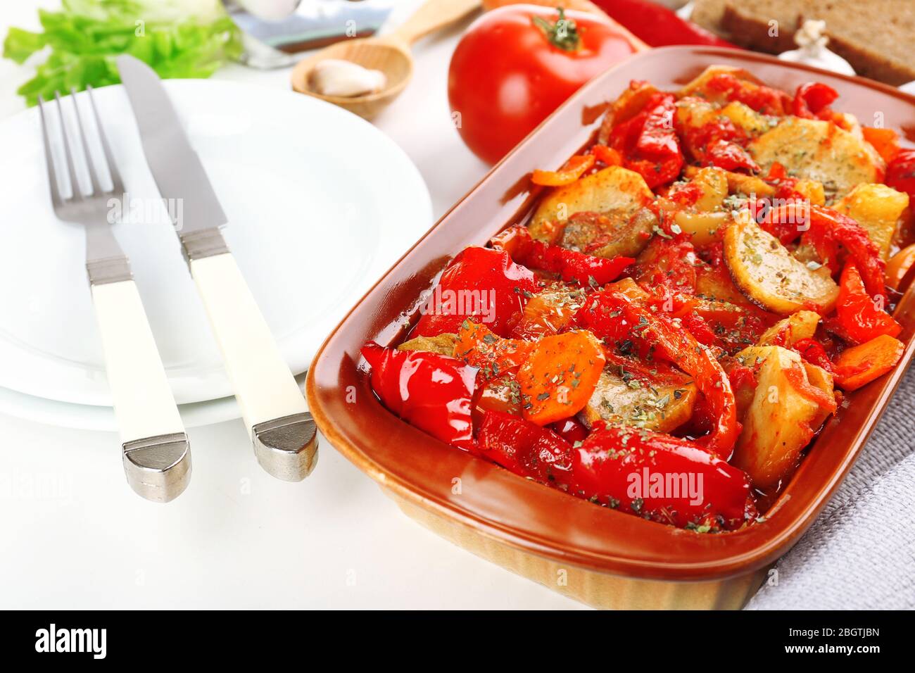 Vegetable ragout on table, close-up Stock Photo - Alamy