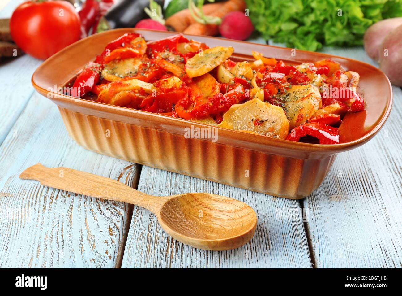 Vegetable ragout on table, close-up Stock Photo - Alamy