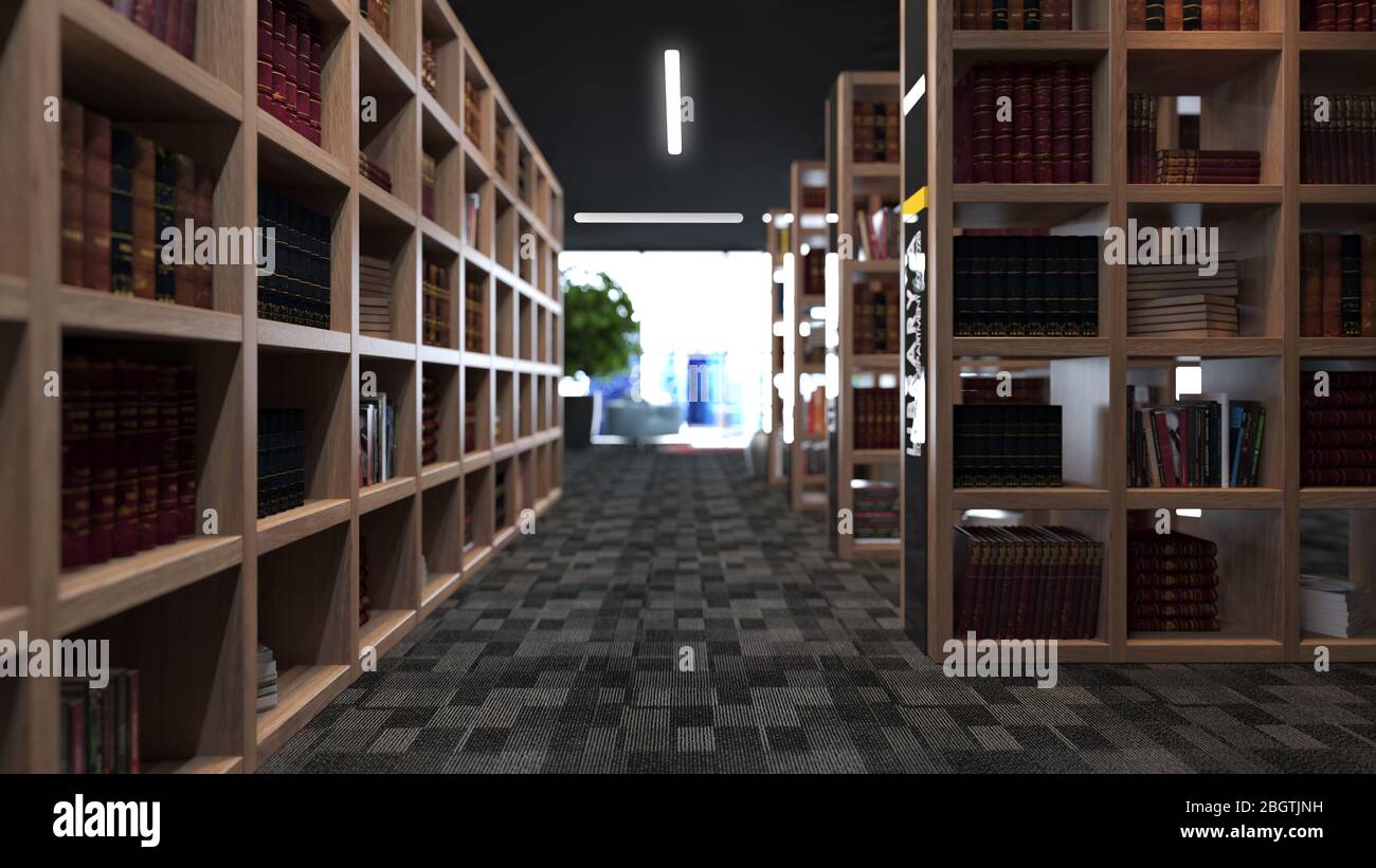 Modern library design consisting of wooden bookcases with carpet deep ...