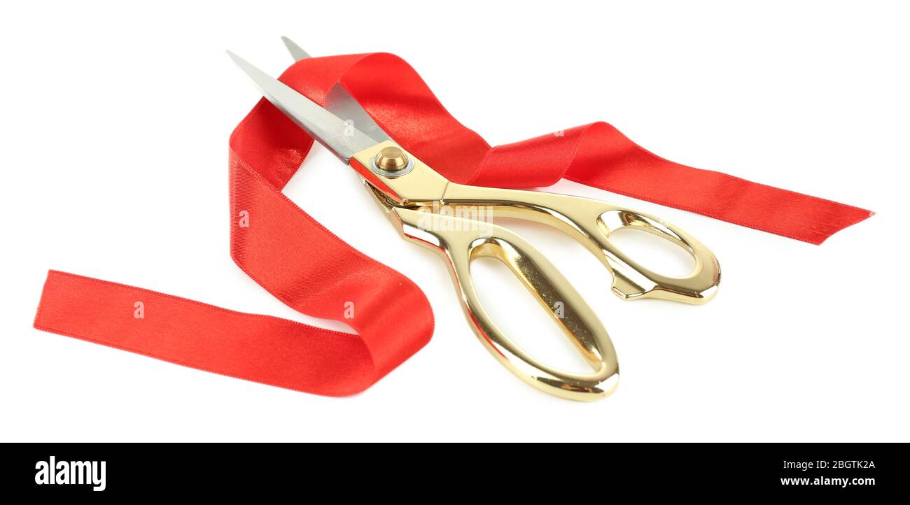 Red ribbon and scissors isolated on white Stock Photo - Alamy