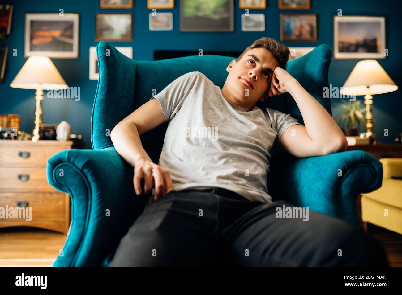 Stressed sad man in bad mood overthinking problems.Bored staying at ...