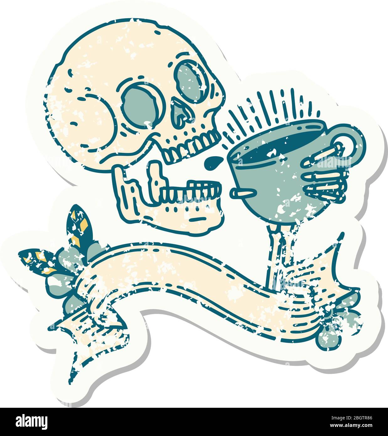 worn old sticker with banner of a skull drinking coffee Stock Vector ...