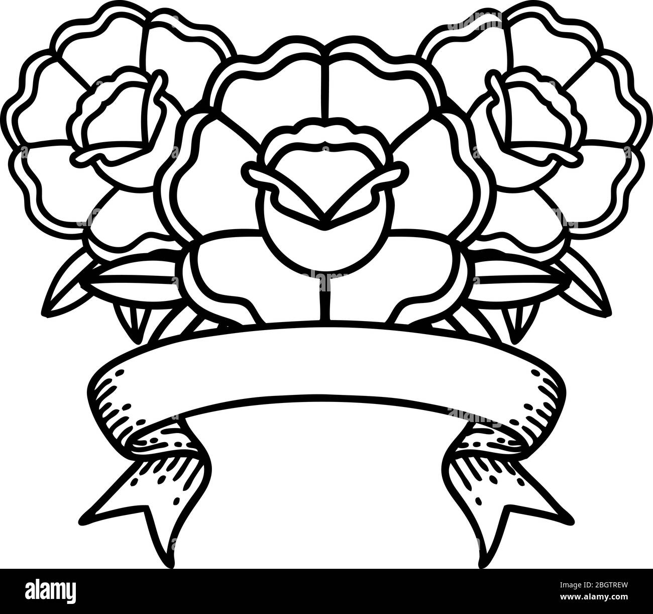 traditional black linework tattoo with banner of a bouquet of flowers ...