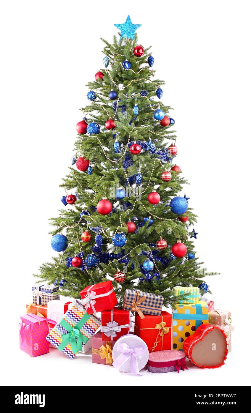 Christmas tree and presents isolated on white Stock Photo - Alamy