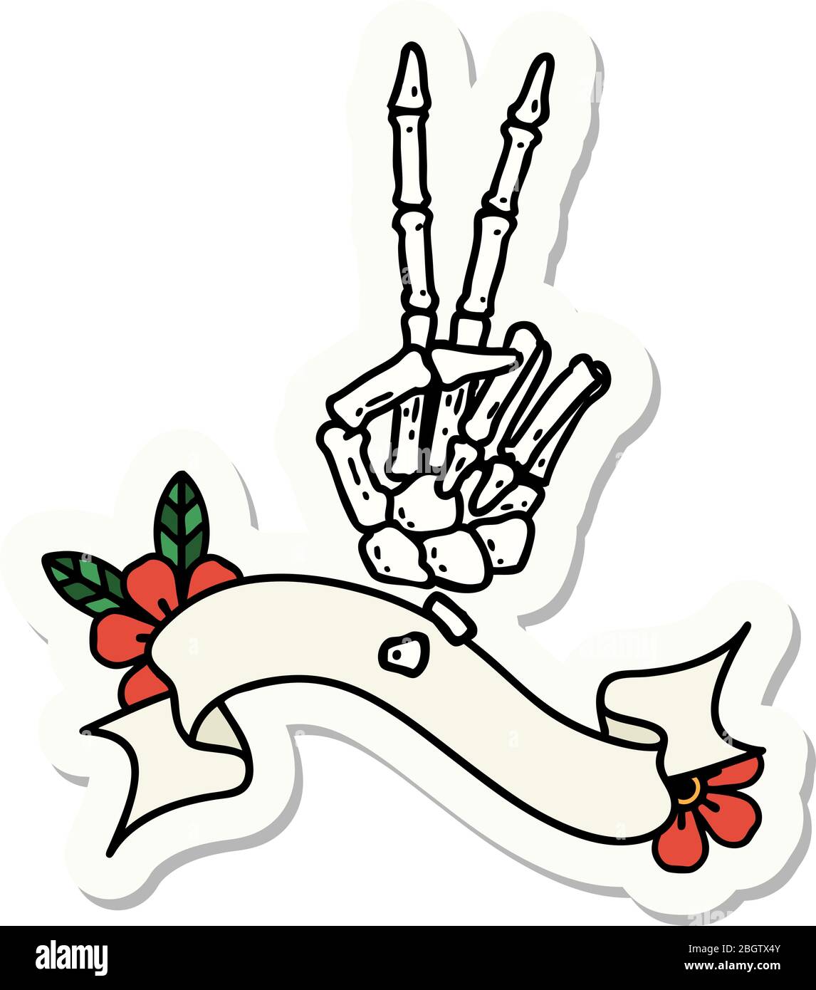 tattoo style sticker with banner of a skeleton giving a peace sign ...
