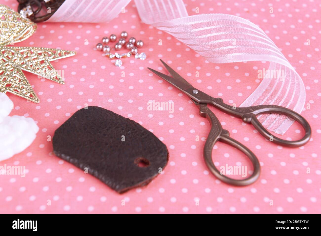 Scrapbooking craft materials on bright background Stock Photo - Alamy