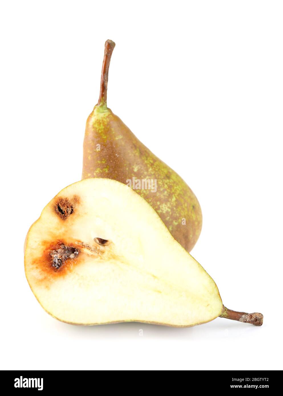 Rotten and fresh pears isolated on white Stock Photo - Alamy