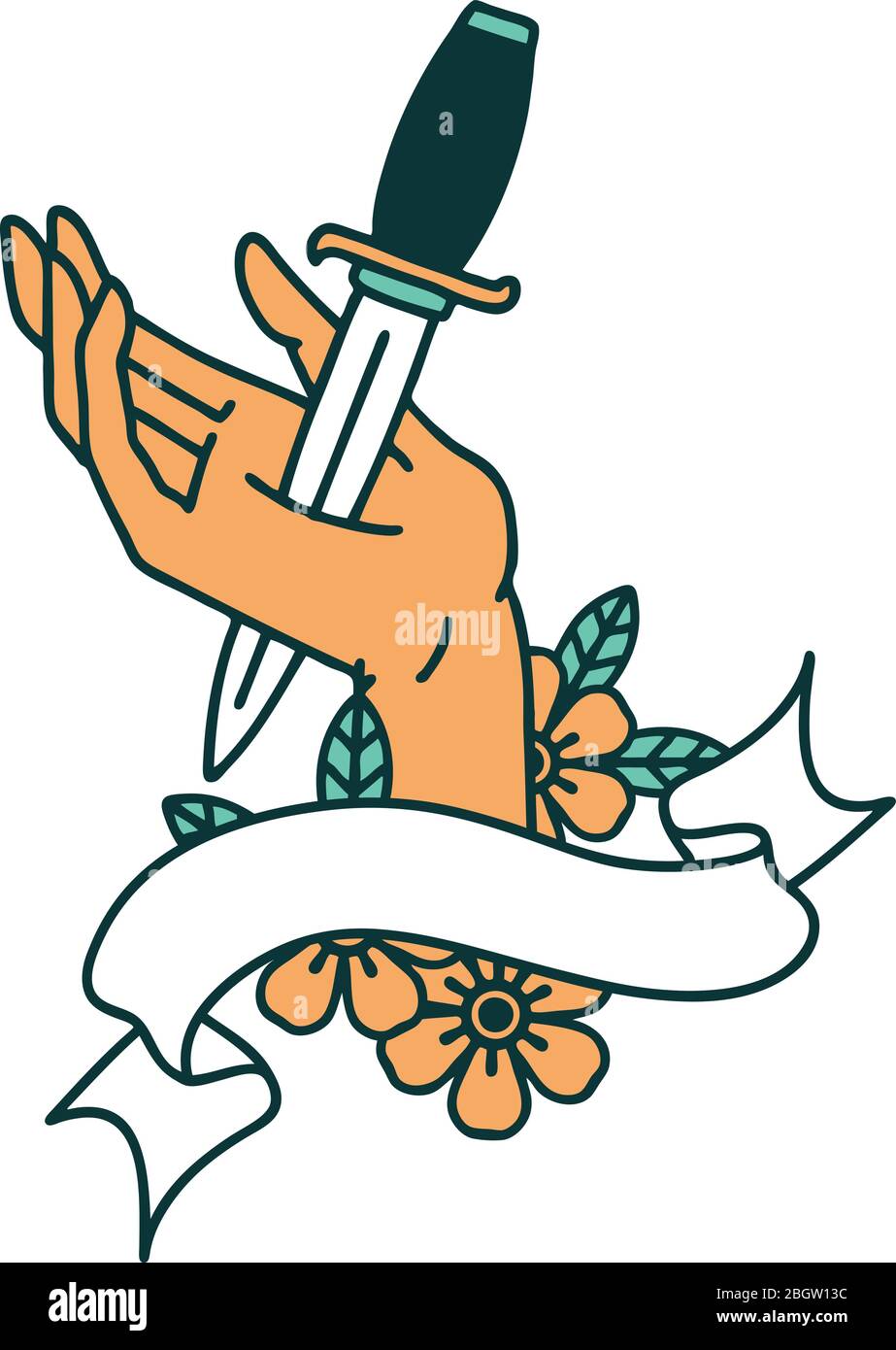 traditional tattoo with banner of a dagger in the hand Stock Vector ...