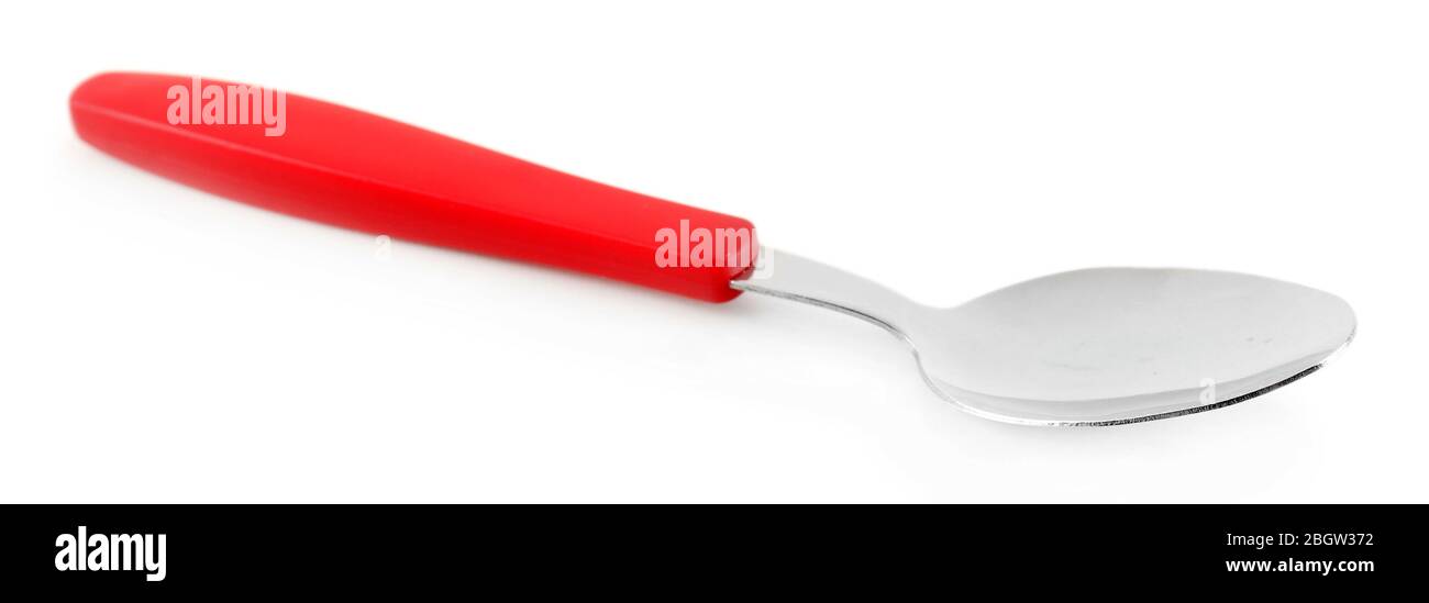 Metal spoon with red handle isolated on white Stock Photo - Alamy