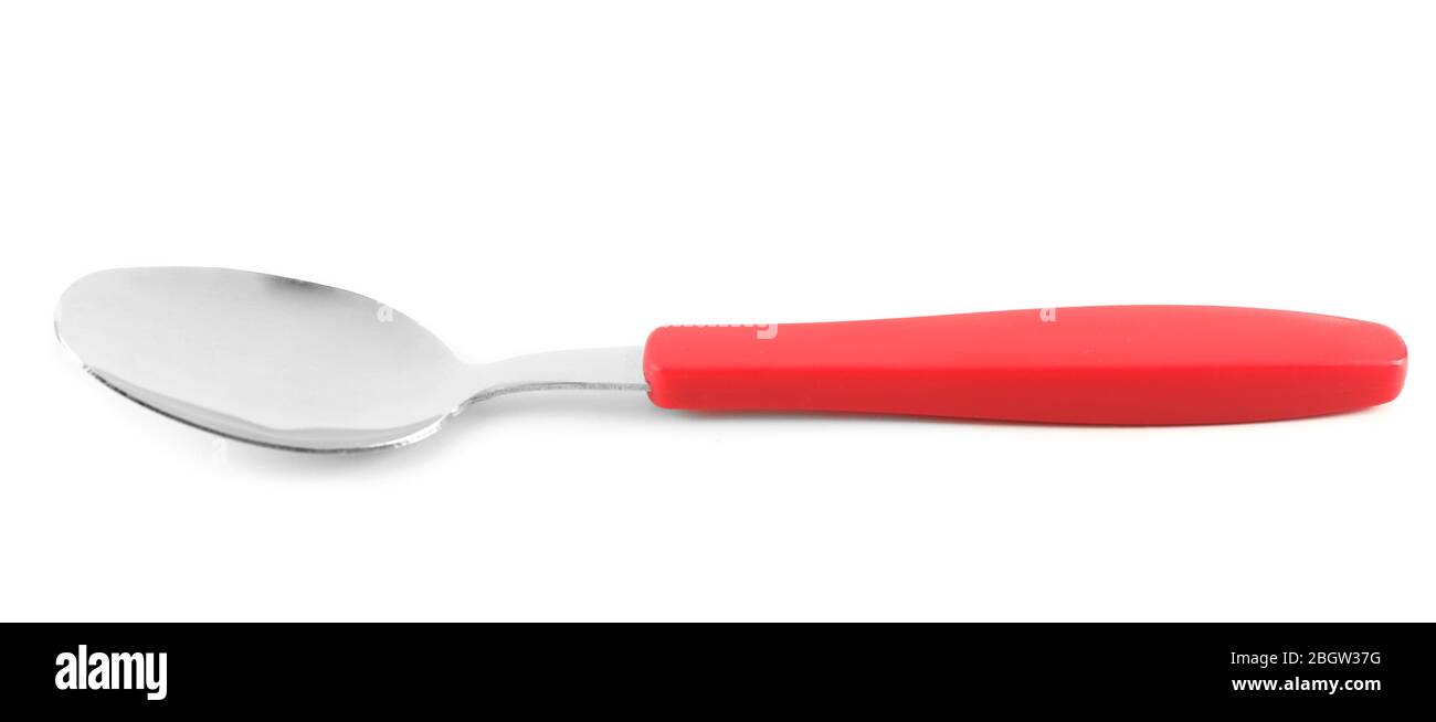 Metal spoon with red handle isolated on white Stock Photo - Alamy