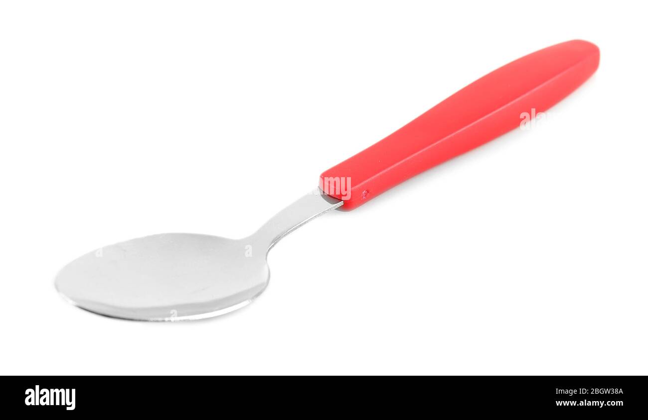 Metal spoon with red handle isolated on white Stock Photo - Alamy