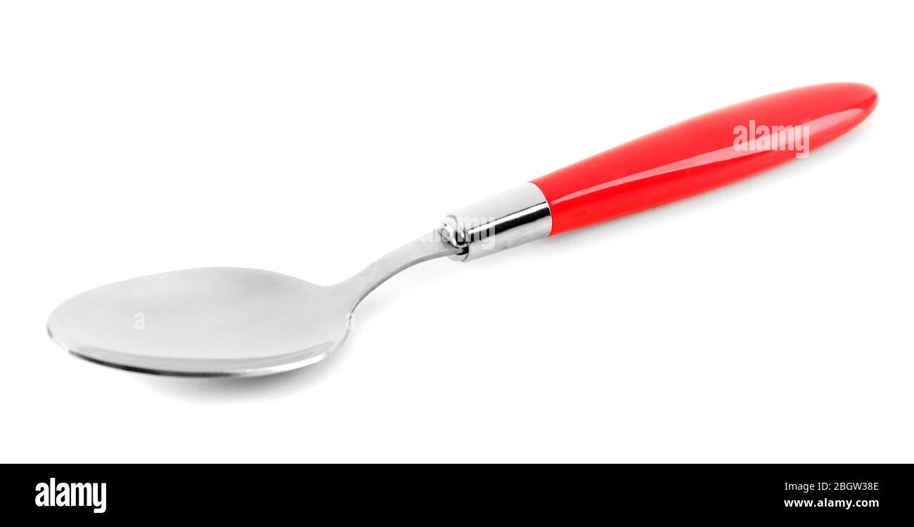 Metal spoon with red handle isolated on white Stock Photo - Alamy