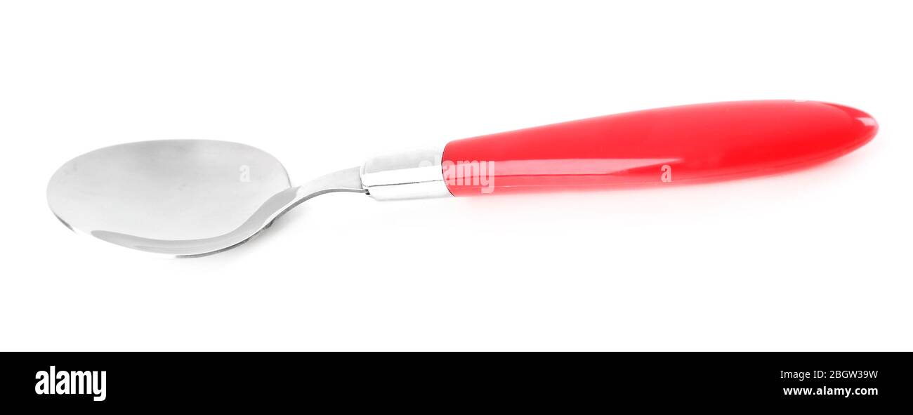 Metal spoon with red handle isolated on white Stock Photo - Alamy