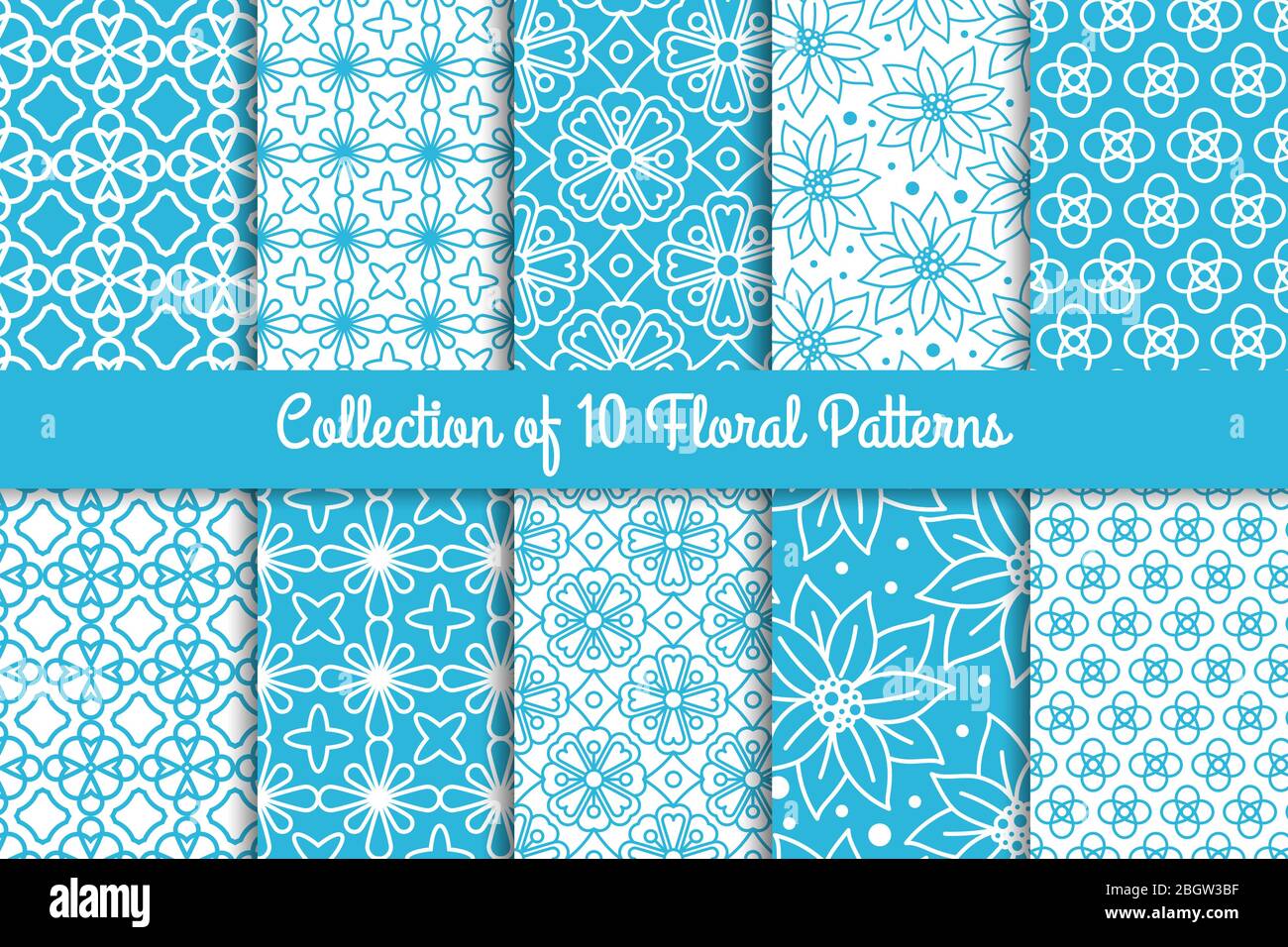 Simple floral light blue and white seamless patterns set. Vector ...
