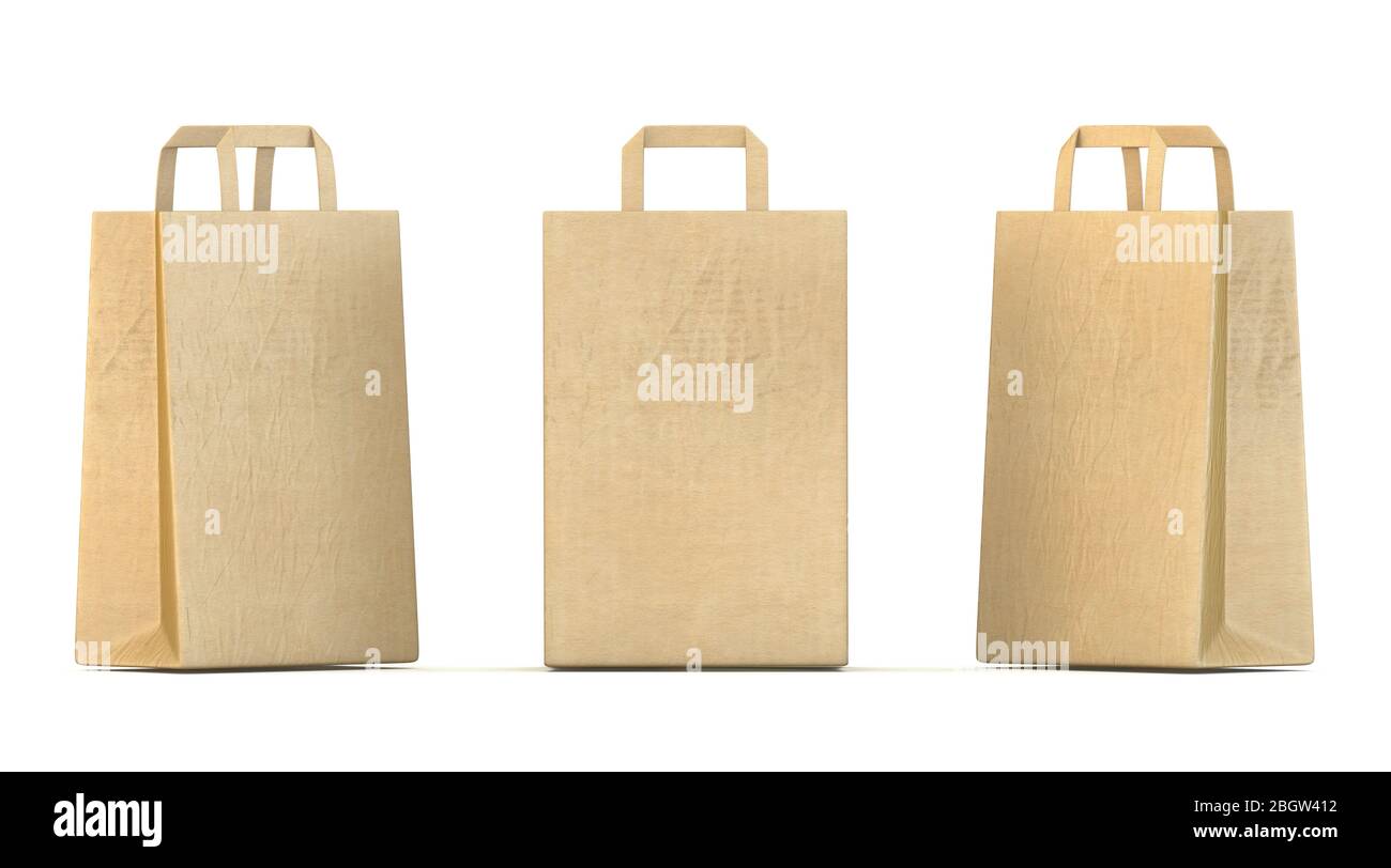 Three shopping paper bags 3D rendering illustration isolated on white ...