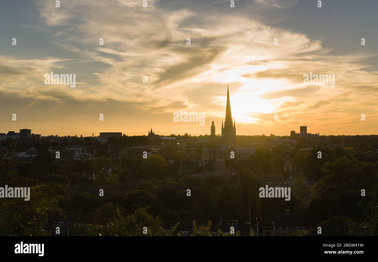 Fiery sunset over Norwich skyline- Norwich, October 2016 Stock Photo ...