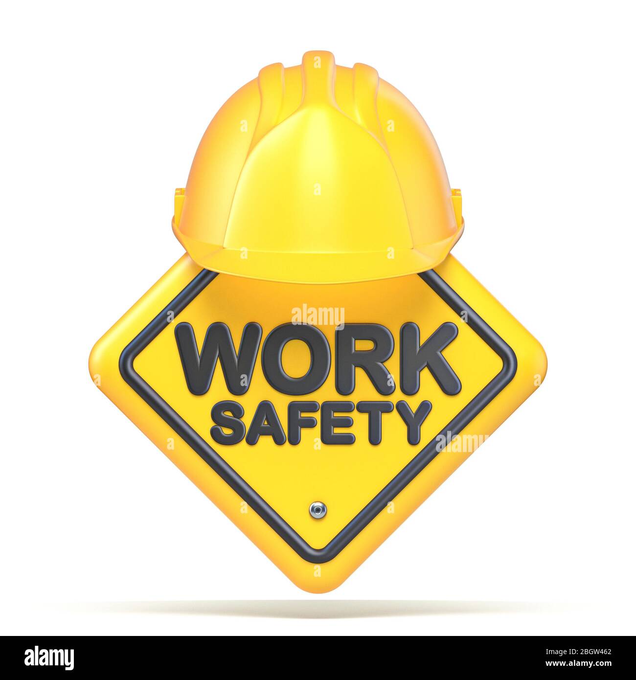 Yellow plastic helmet and WORK SAFETY sign 3D rendering illustration ...