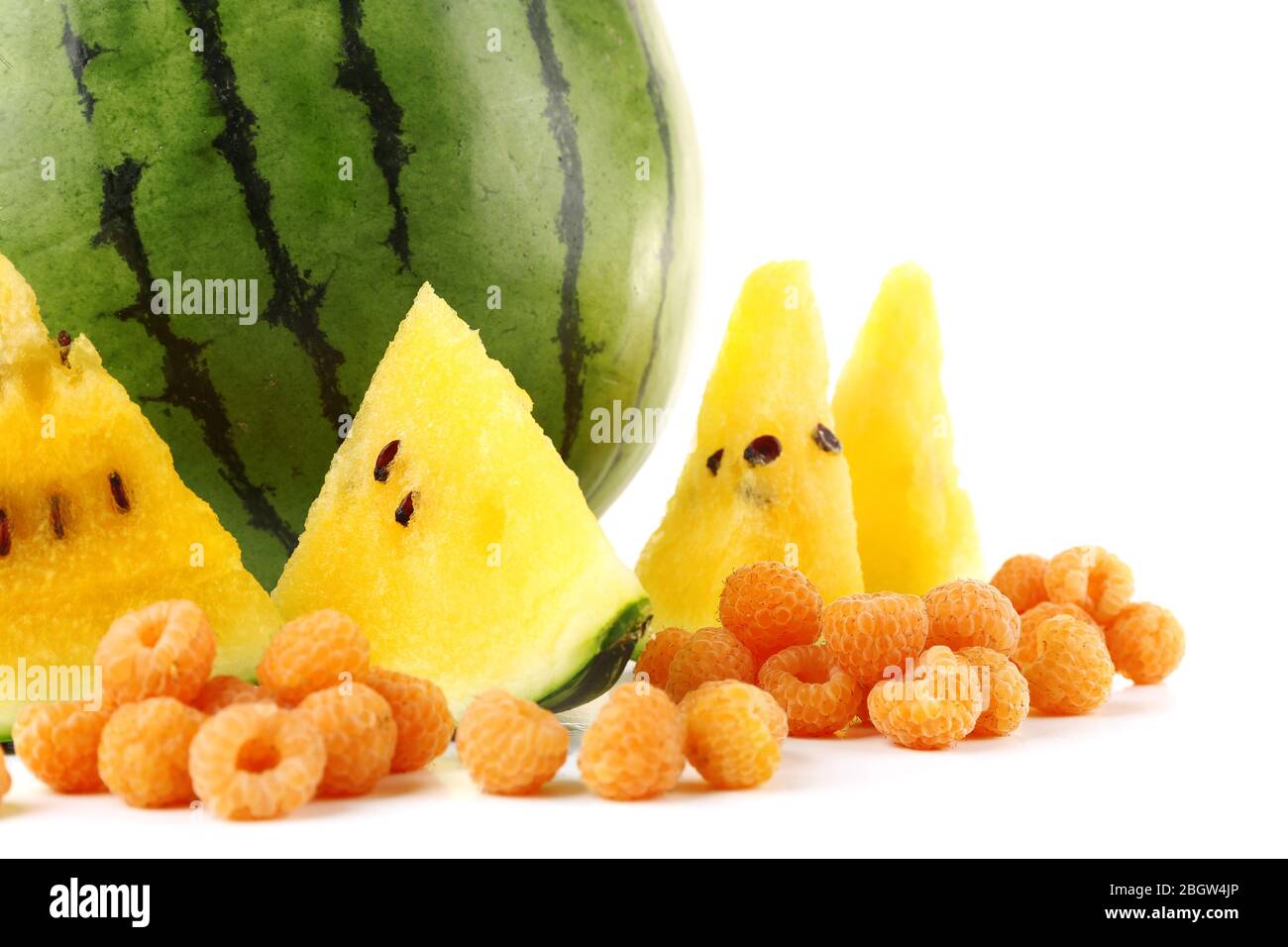 Yellow watermelon and raspberry isolated on white Stock Photo - Alamy