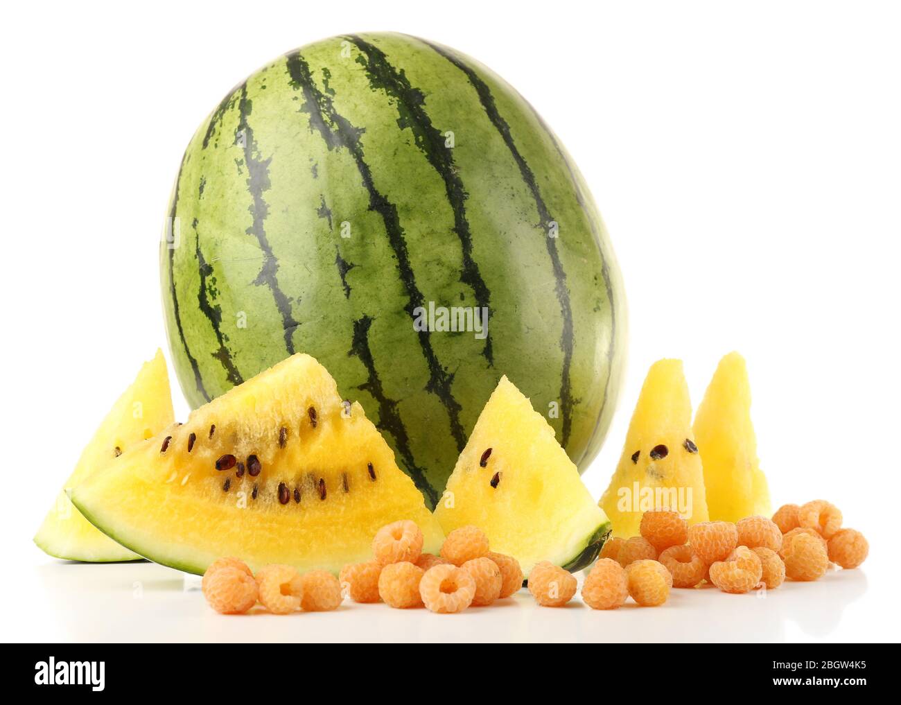 Yellow watermelon and raspberry isolated on white Stock Photo - Alamy