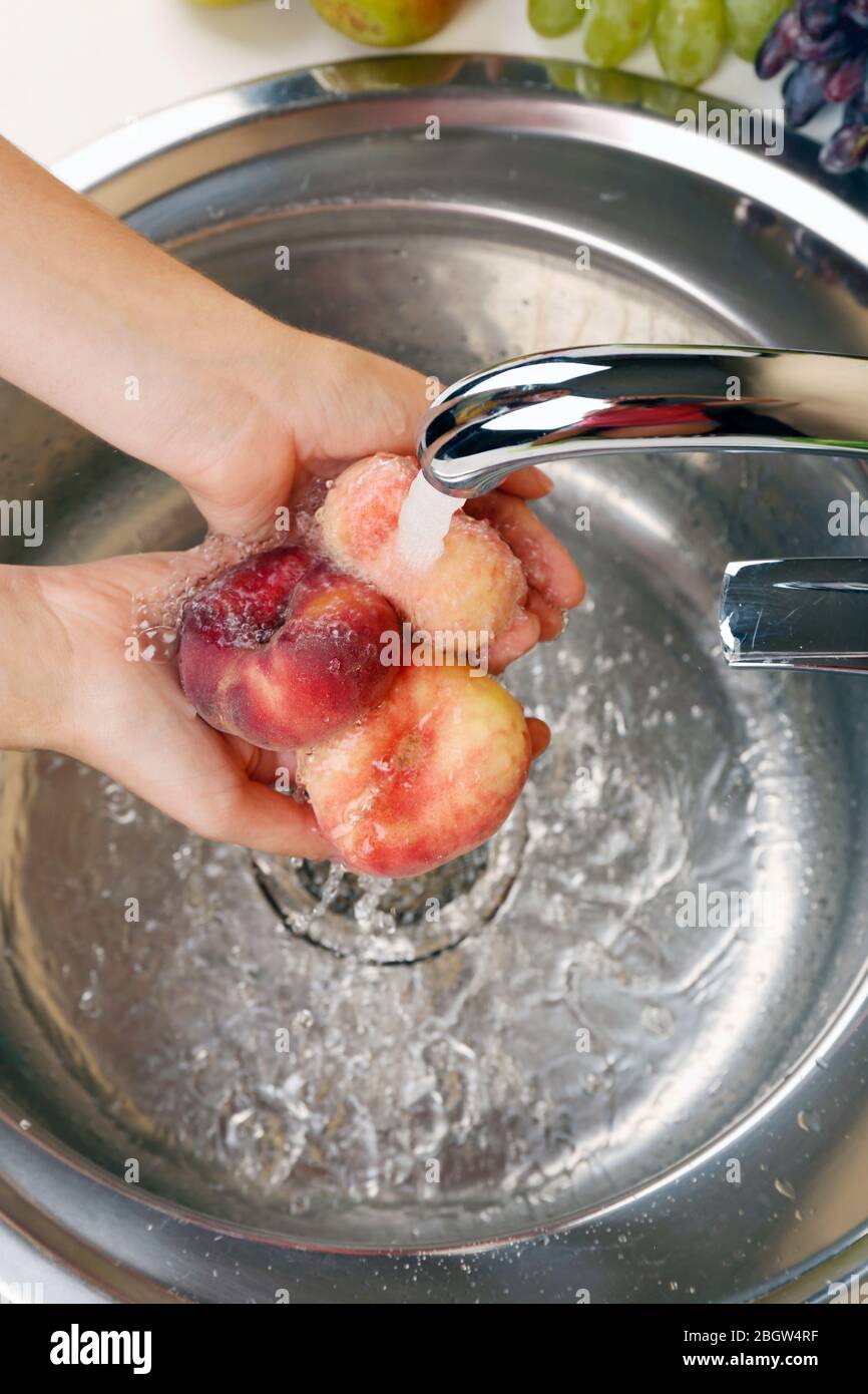 Woman's hands washing peaches in sink Stock Photo - Alamy
