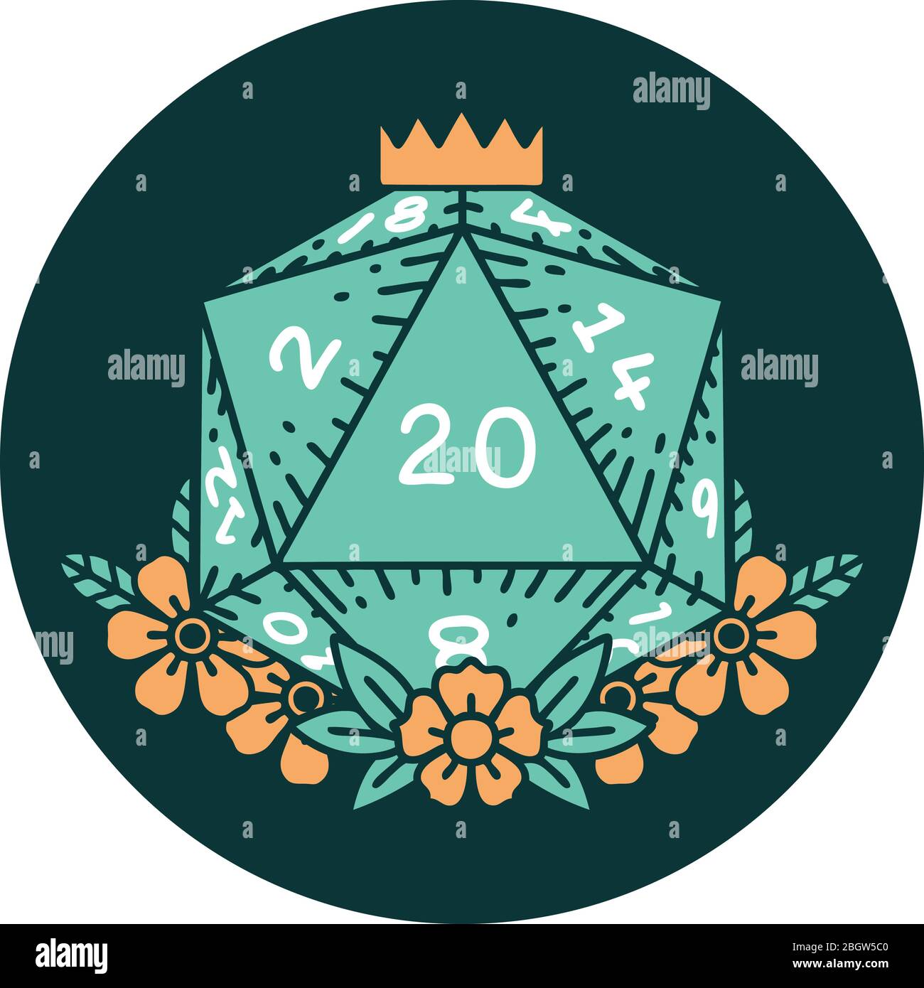 icon of natural 20 D20 dice roll with floral elements Stock Vector ...