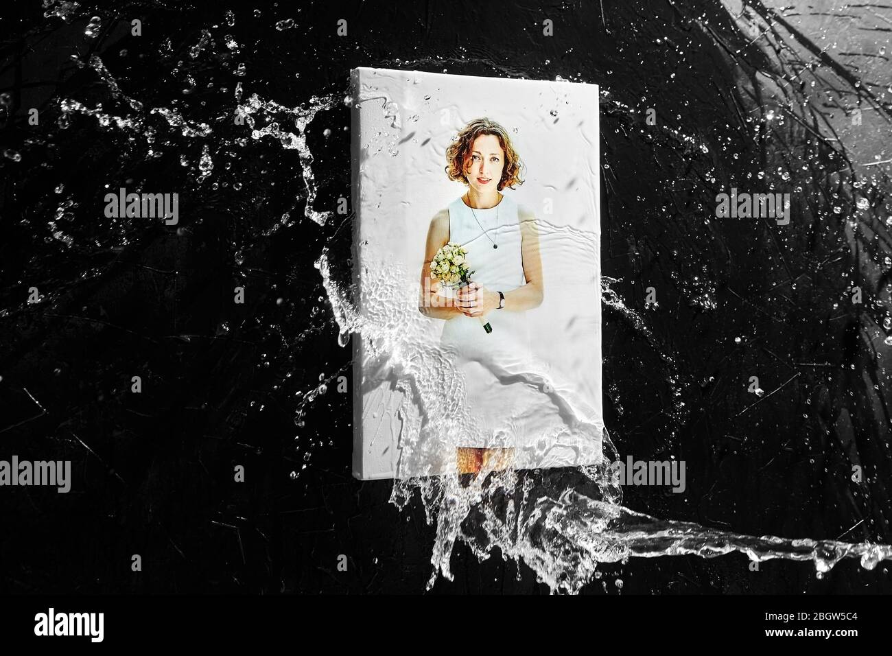 Canvas print with gallery wrap technique, water splash, drops on black ...