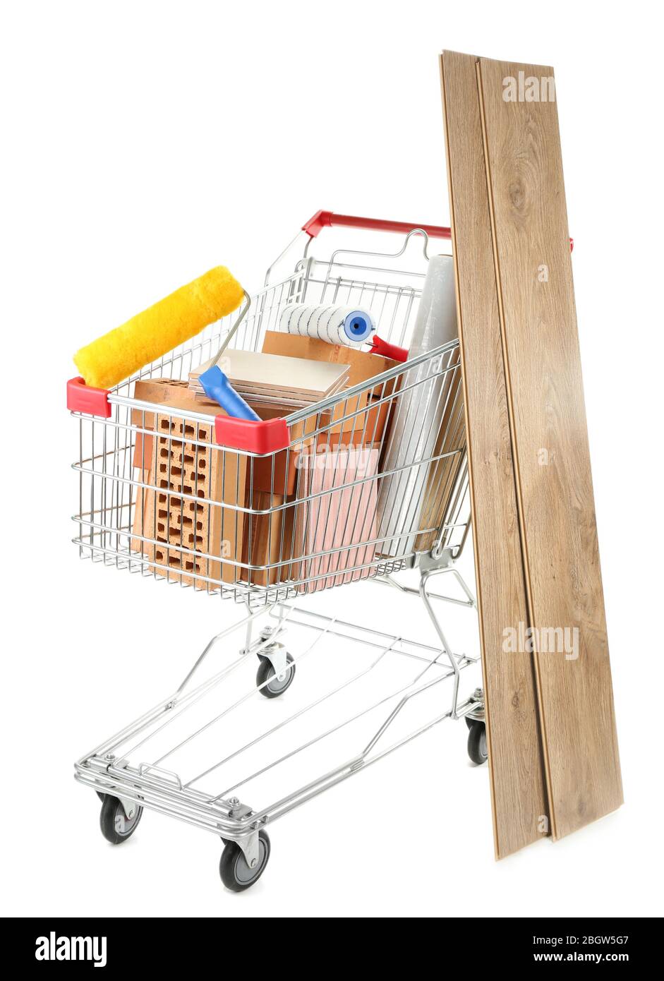 Shopping cart with materials for home renovation, isolated on white ...