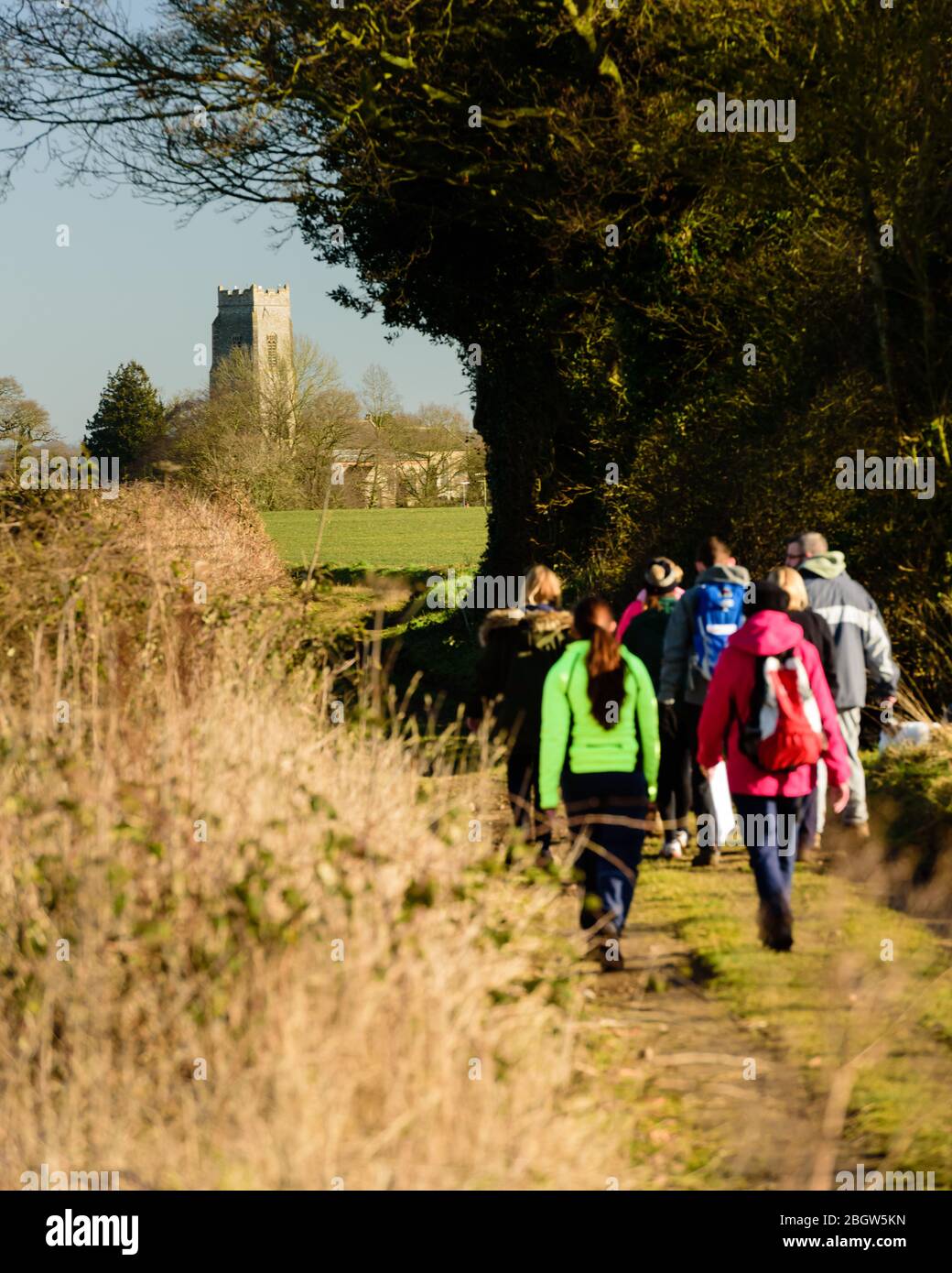 Rambling group- Field path and church- Blickling, January 2017 Stock ...