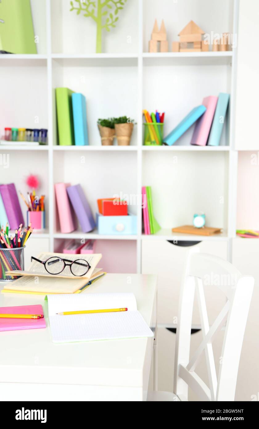 Workplace in classroom Stock Photo - Alamy