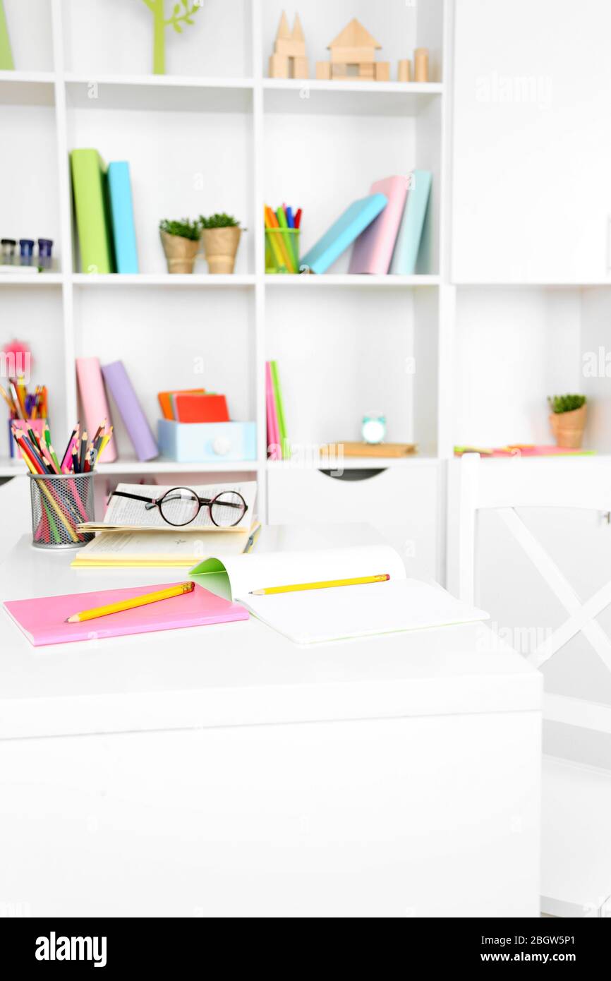 Workplace in classroom Stock Photo - Alamy