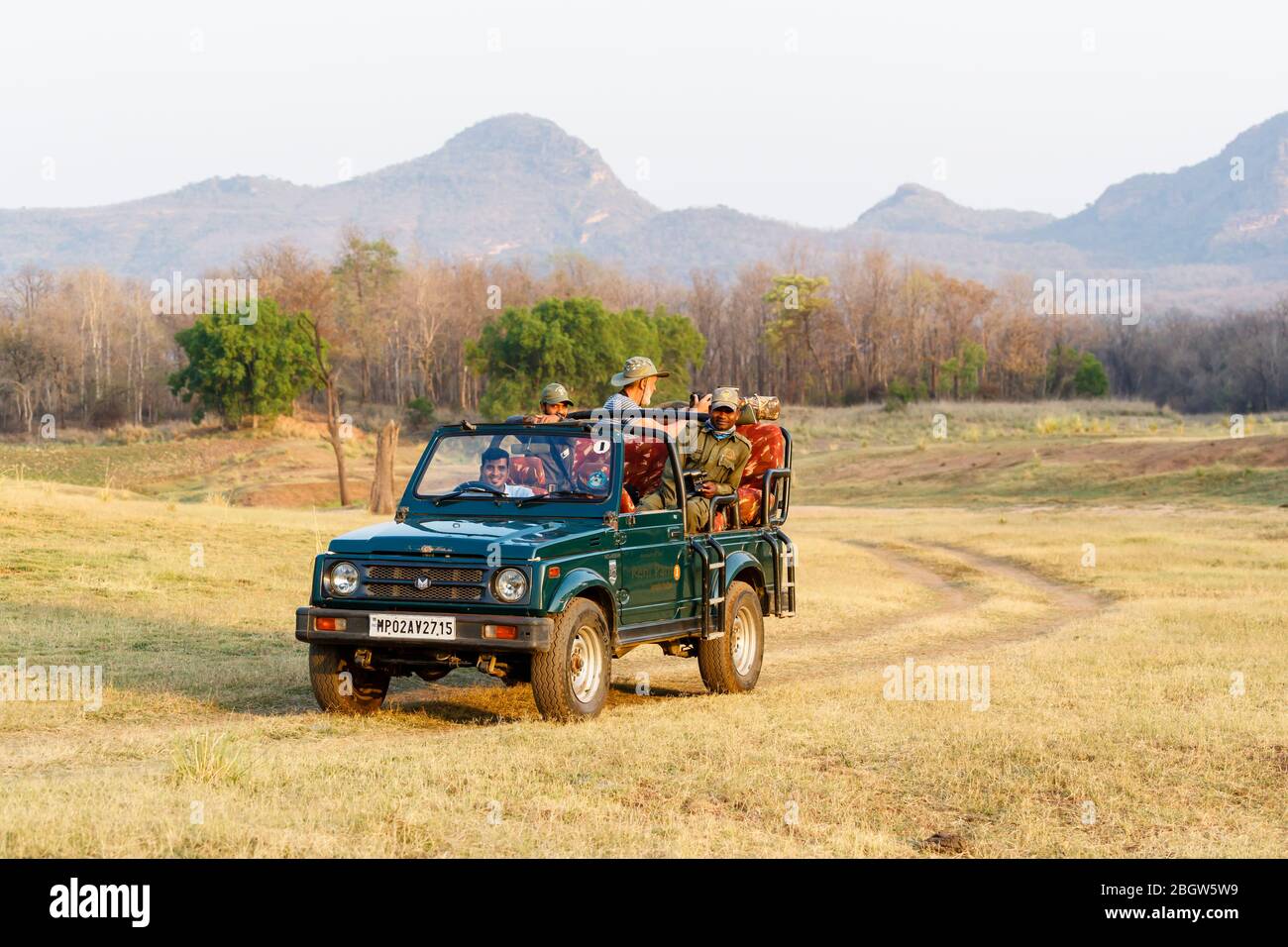 Wildlife watching from a Gypsy safari vehicle, Satpura Tiger Reserve ...