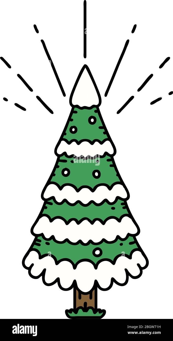 illustration of a traditional tattoo style snow covered pine tree Stock ...