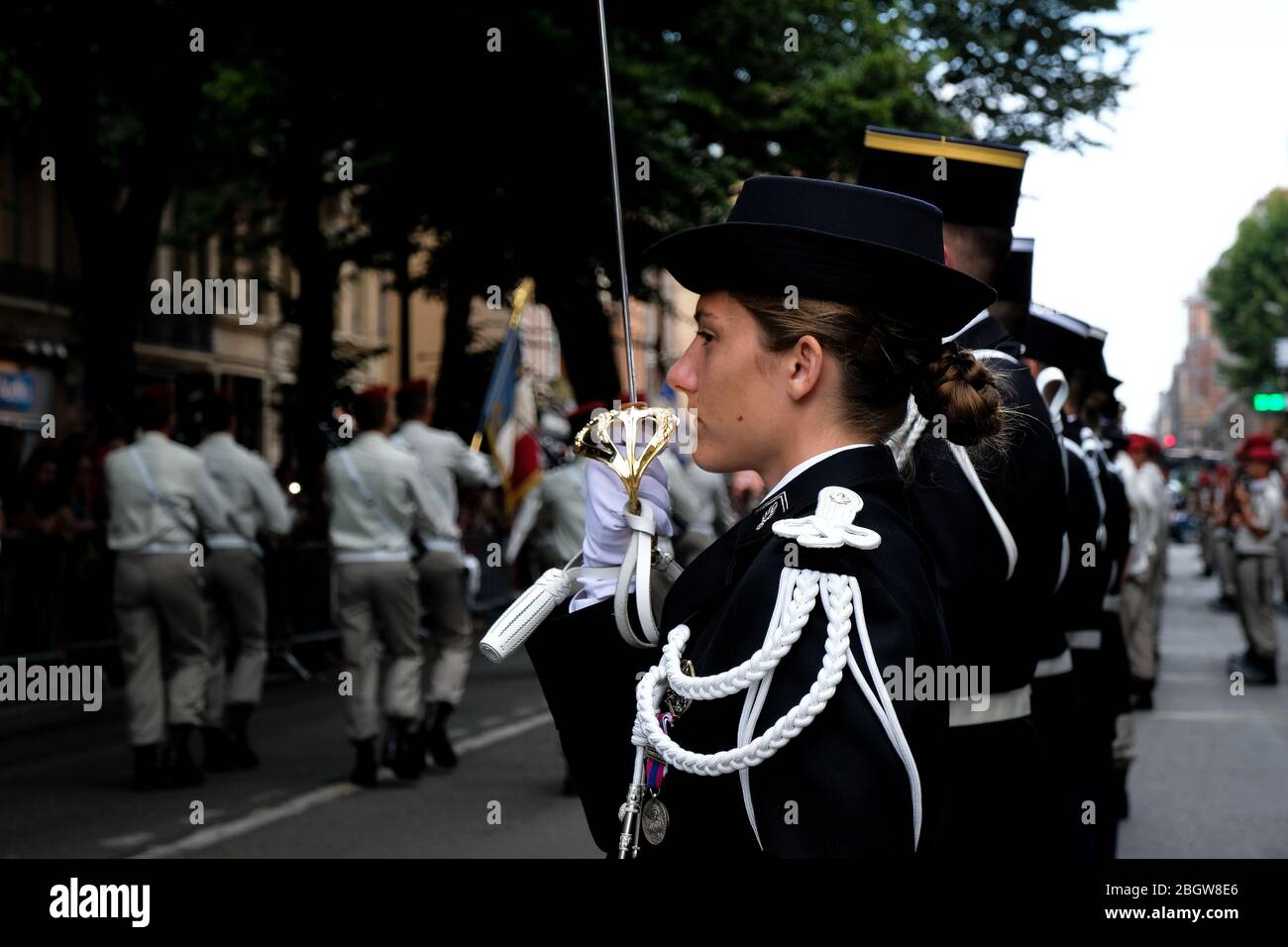 TOULOUSE, FRANCE - JULY 14: a woman of the french army parading during ...