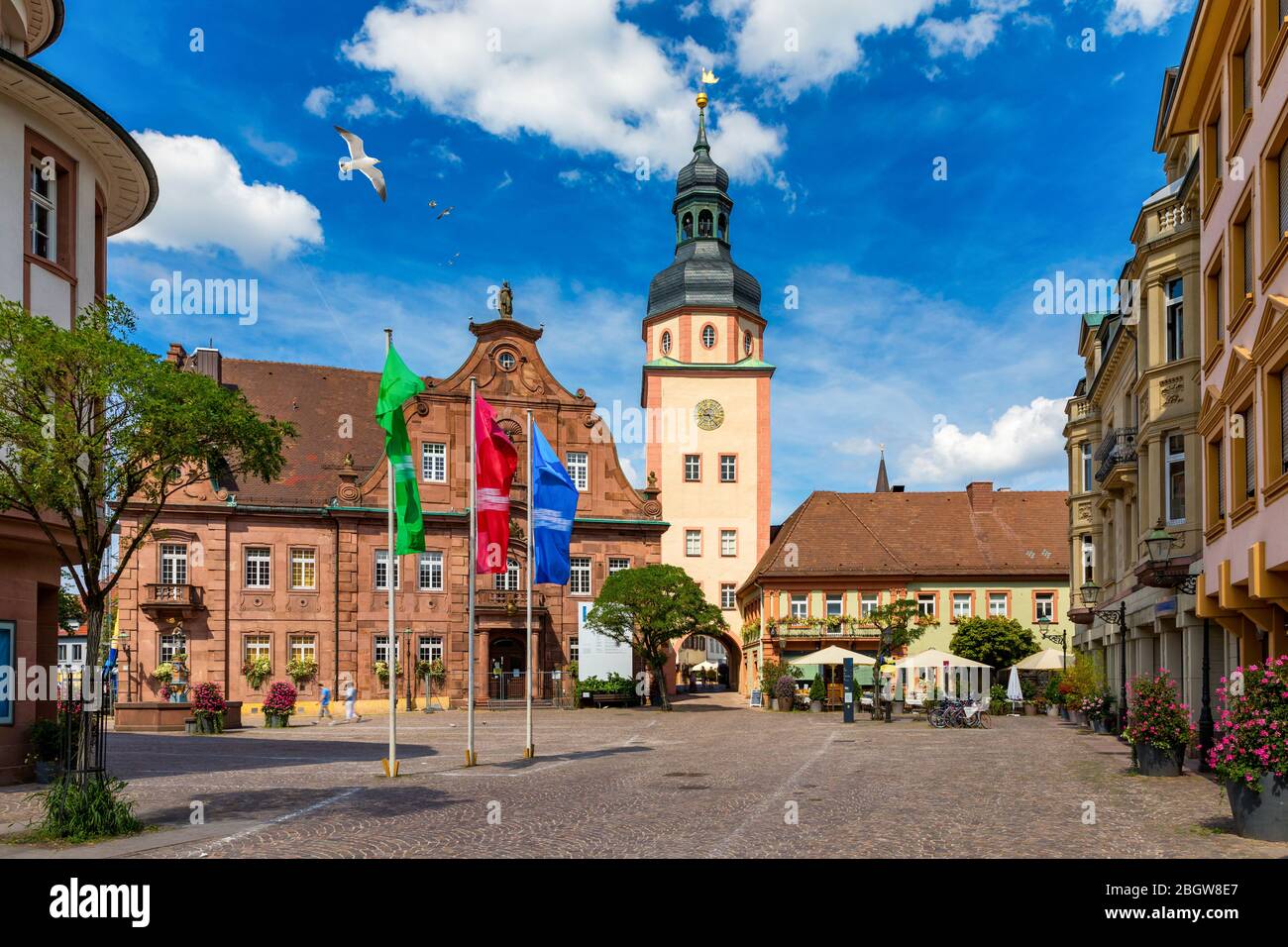Market square with town hall and town hall tower, Ettlingen, Germany, Black Forest, Baden ...