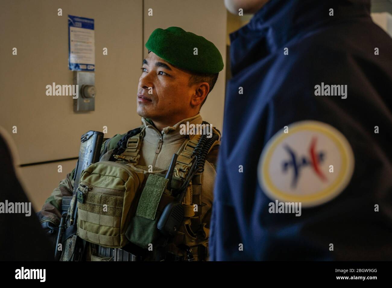 BLAGNAC, FRANCE - DECEMBER 01: French soldiers patrol during a security ...