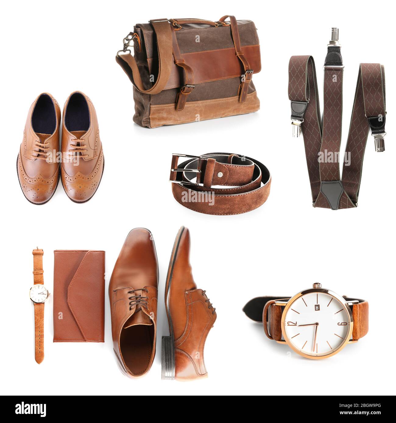 Set of male accessories on white background Stock Photo - Alamy