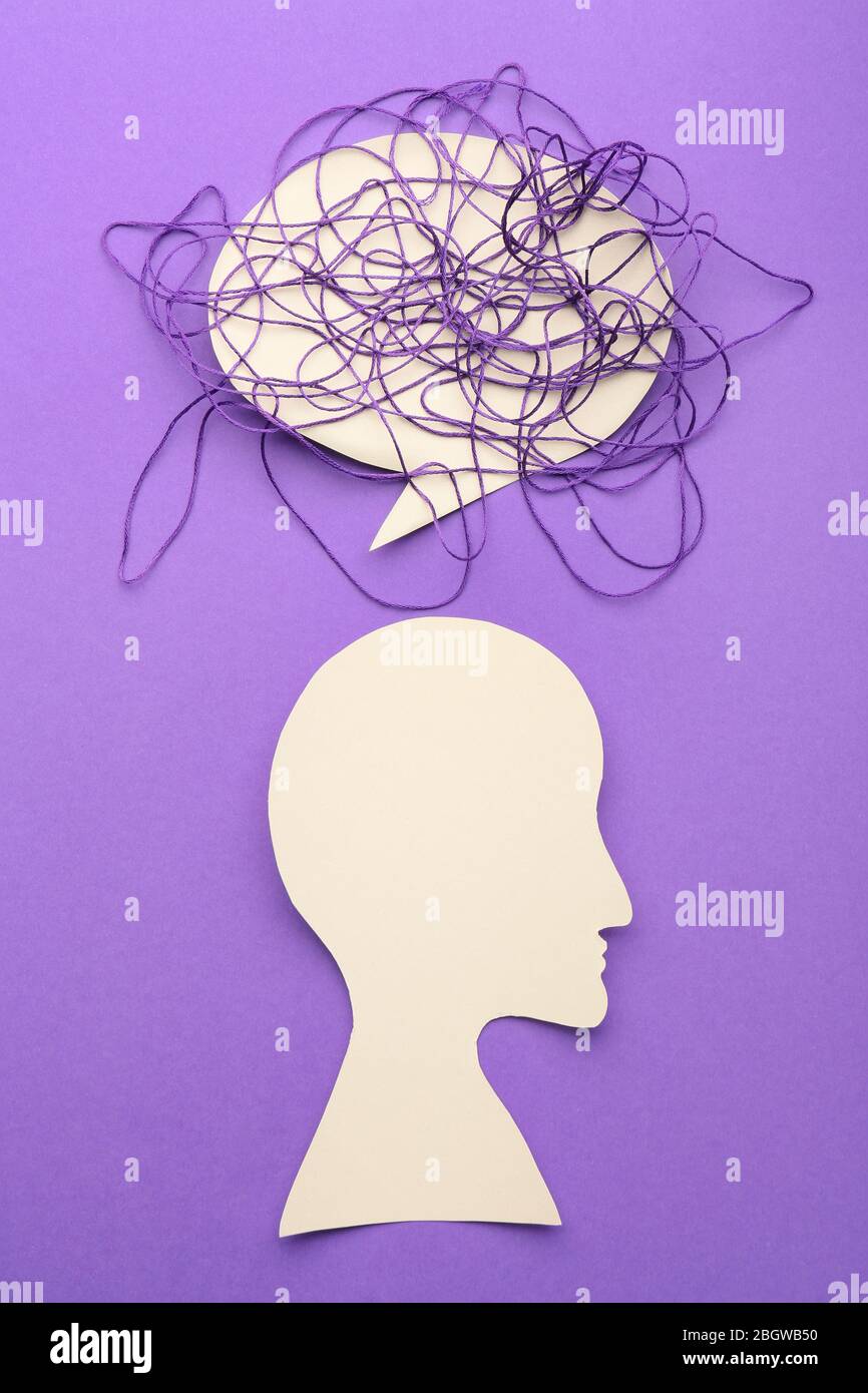 Human head and speech bubble and threads on color background. Concept ...