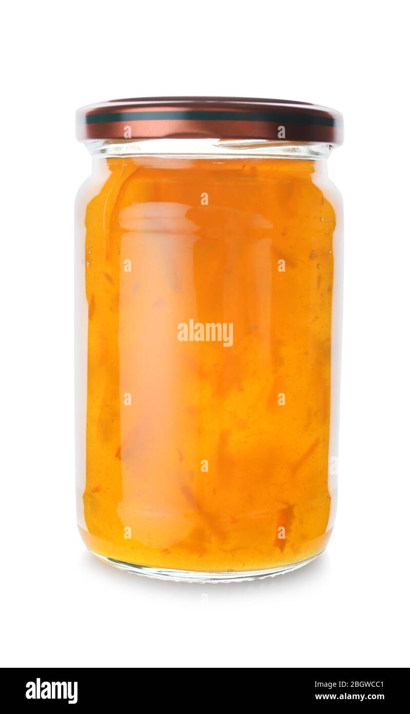 Jar of orange jam on white background Stock Photo - Alamy