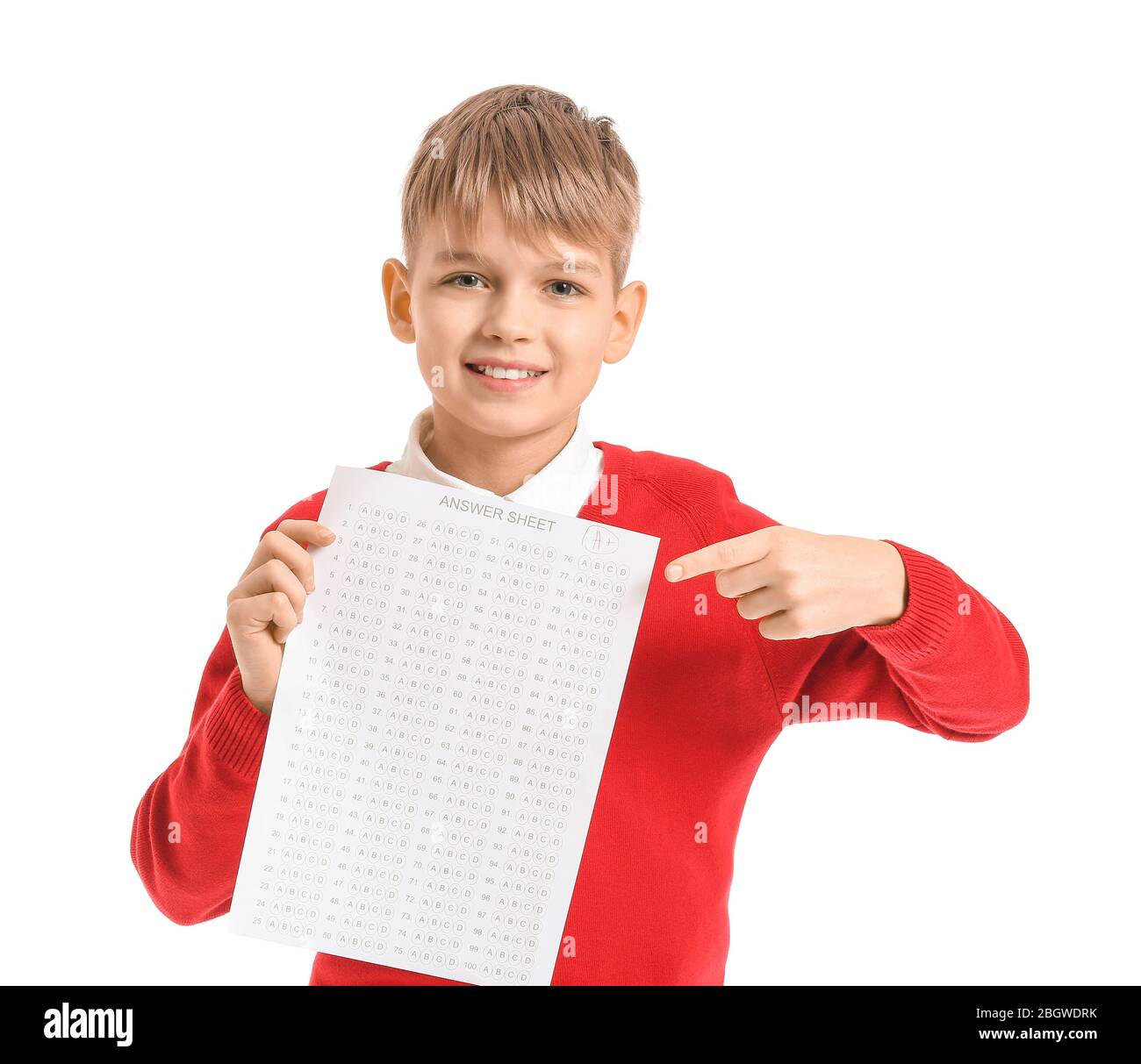 Pupil with answer sheet for school test on white background Stock Photo ...