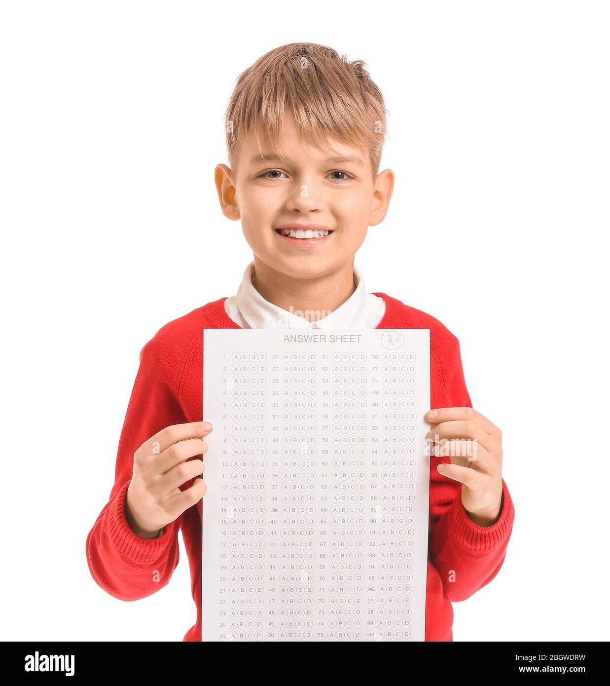 Pupil with answer sheet for school test on white background Stock Photo ...