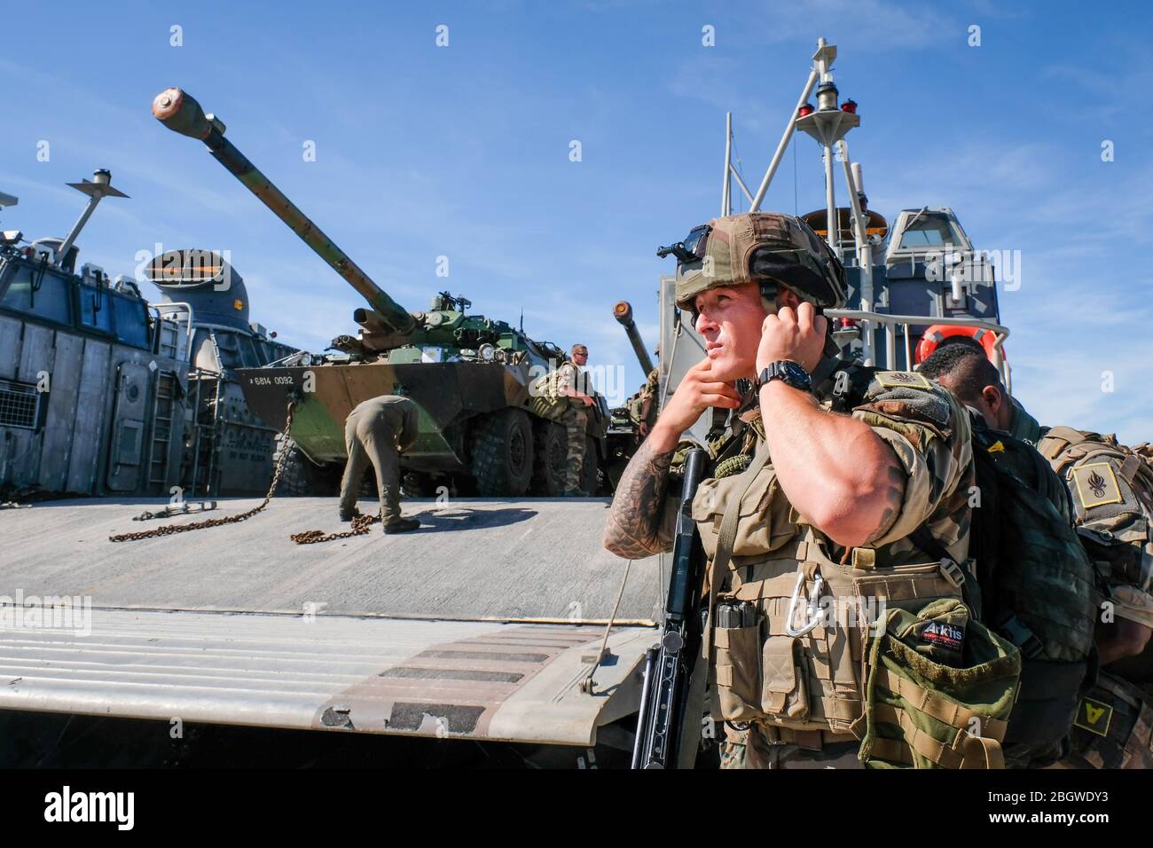 JACKSONVILLE, USA - OCTOBER 21: french soldiers on a hovercraft getting ...