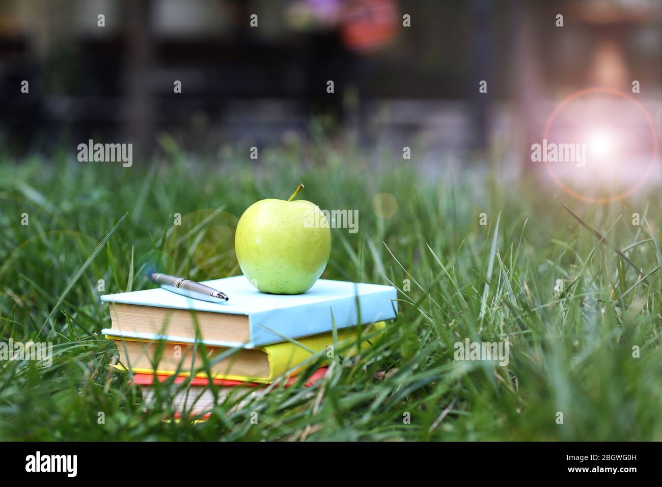 Stacked books in grass, outside Stock Photo - Alamy